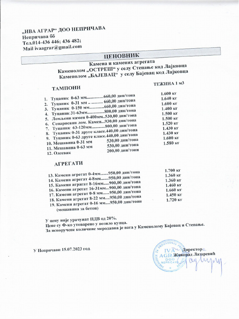 Cenovnik Od 15.07.2023. - Tucanik - Iva Agrar | PDF