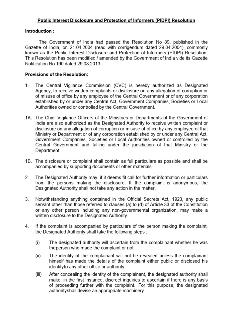 PIDPI Resolution: Whistleblower Protection | PDF | Justice | Crime ...