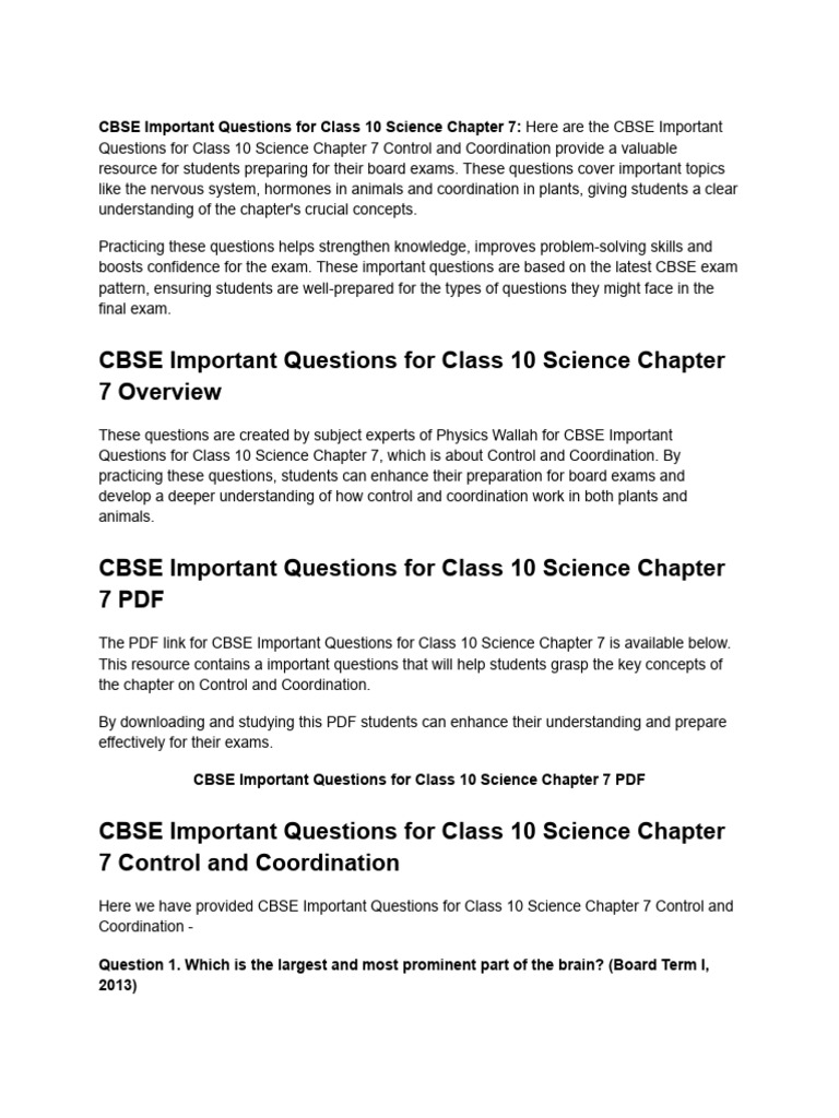 Science Class 10 Competency Based Questions | PDF | Synapse | Chemical ...