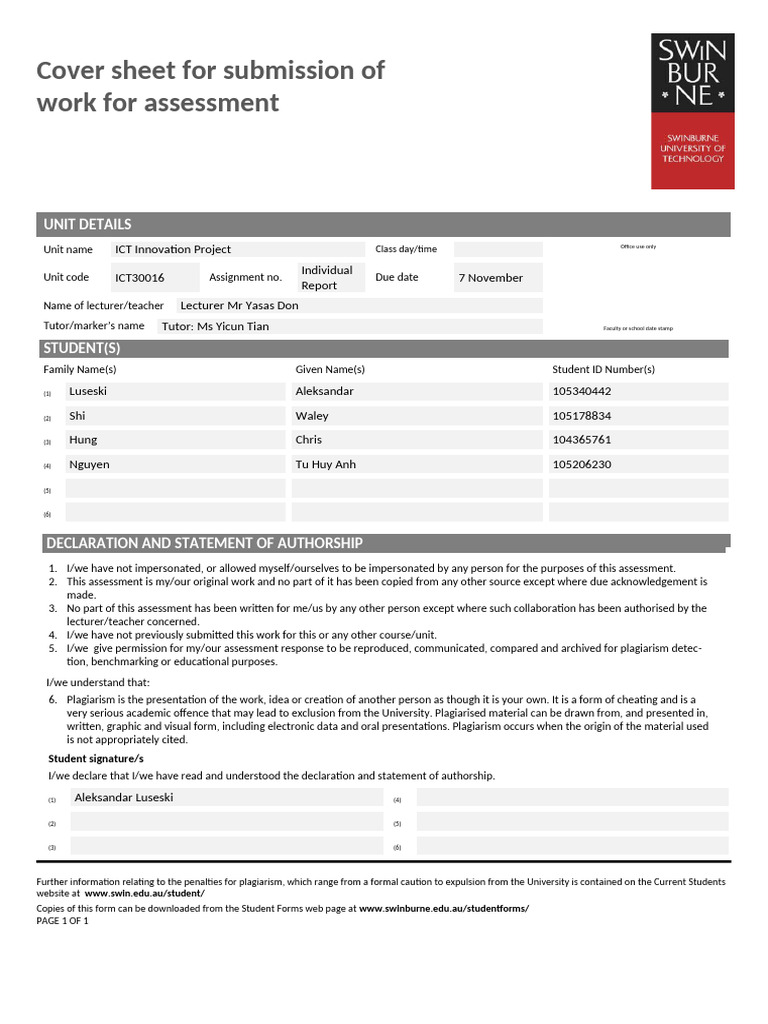 Cover Sheet For Submission of Work For Assessment | PDF | Plagiarism