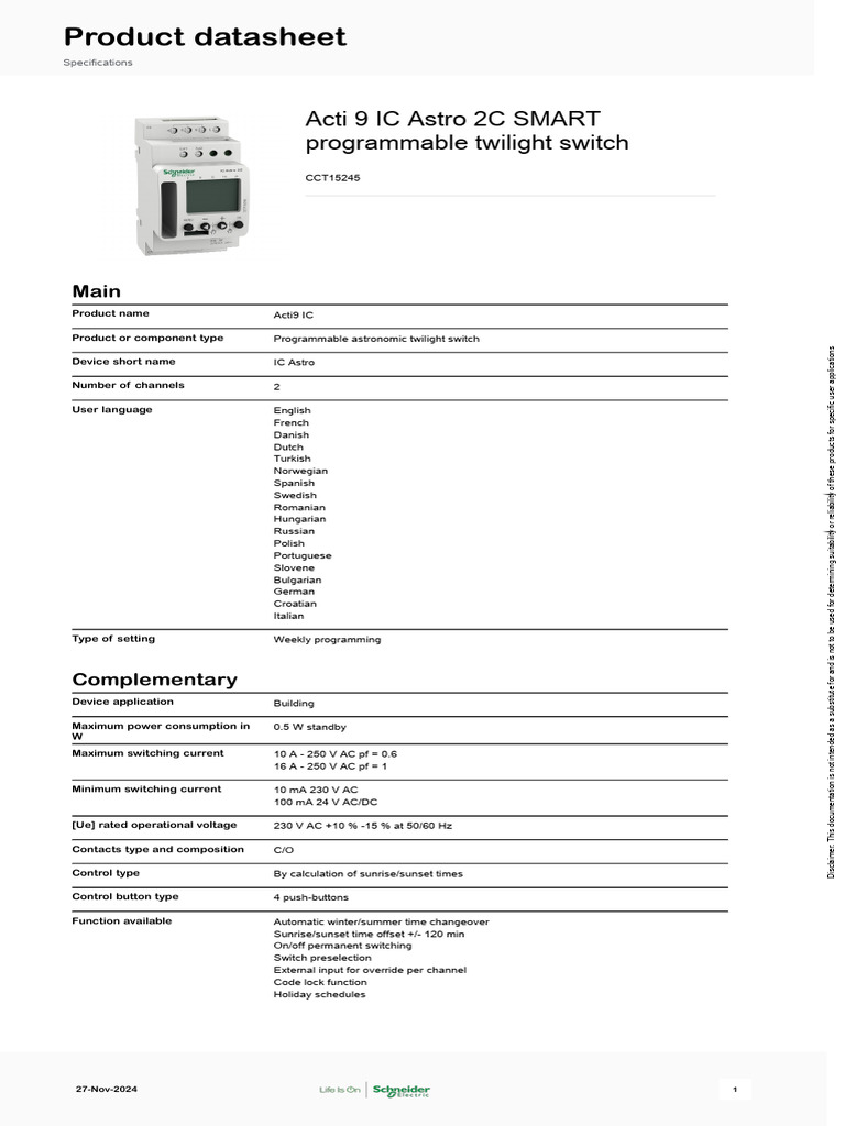 Acti 9 IC Astro 2C Twilight Switch | PDF | Alternating Current ...