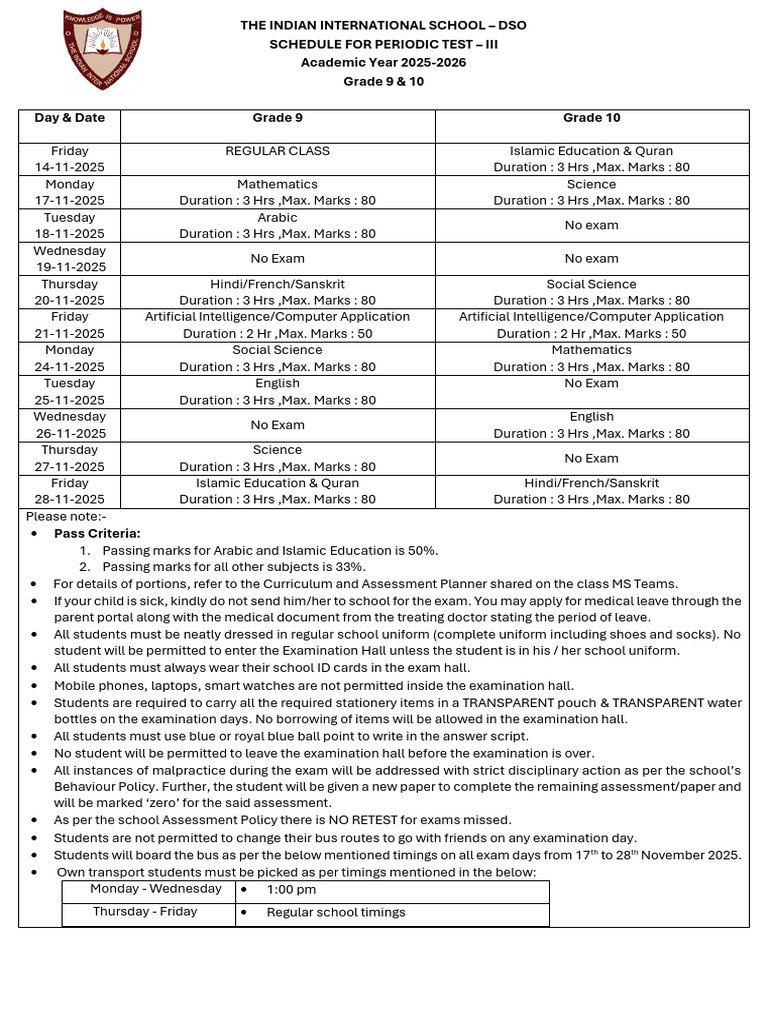 Grade 9 and 10 Periodic Test 3 - Schedule - 251109 - 115114 | PDF