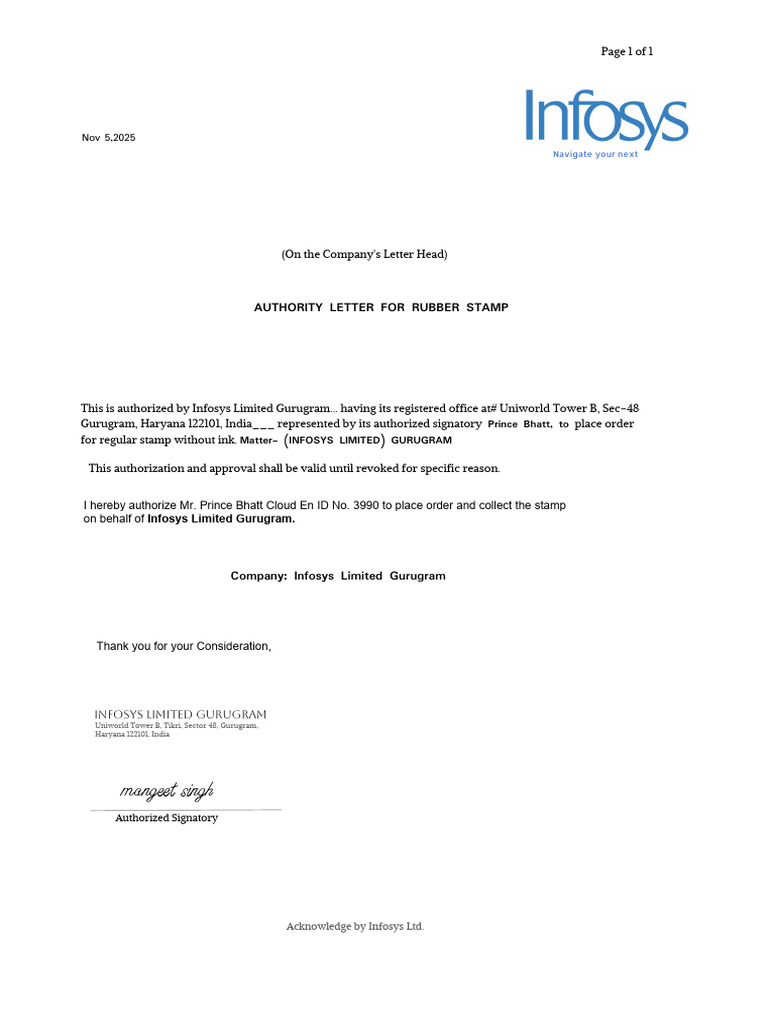 Infosys Authority Letter | PDF