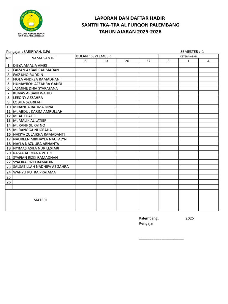 Laporan Dan Daftar Hadir TPA - Sheet1 | PDF