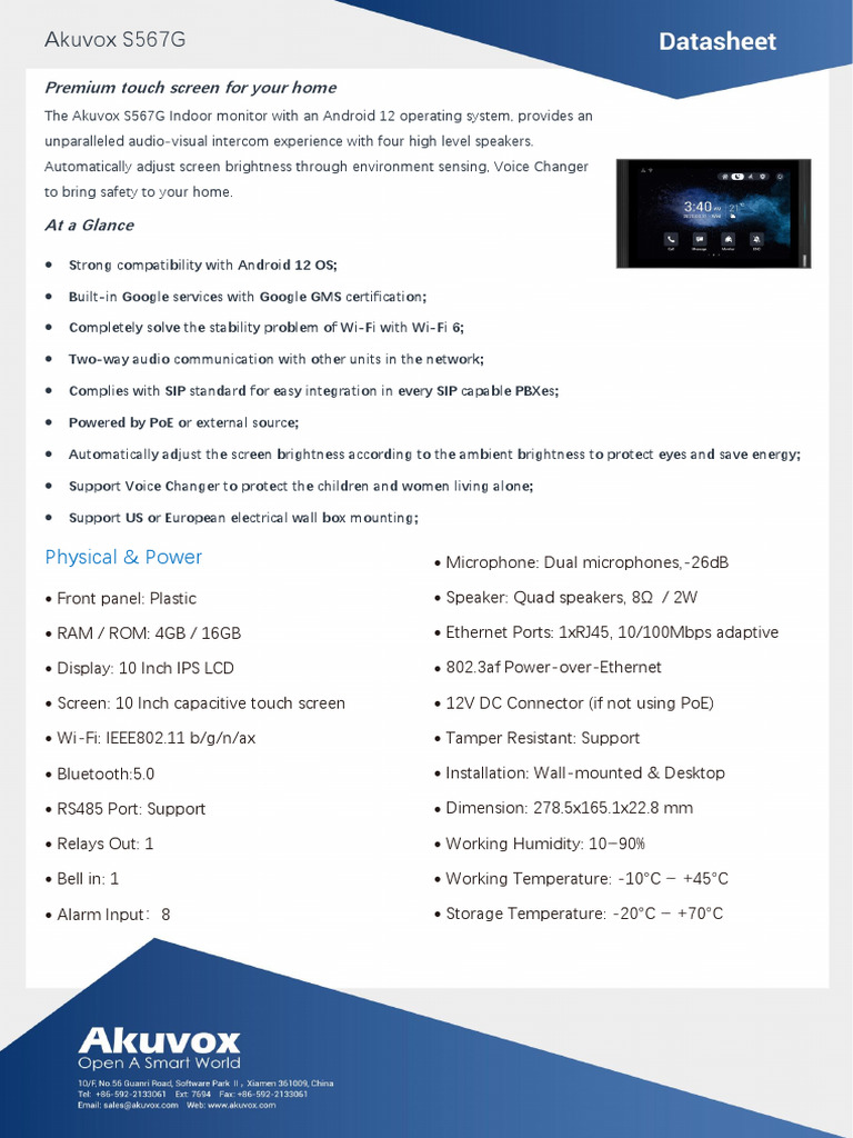 Akuvox S567G Indoor Monitor Specs | PDF | Computer Networking ...