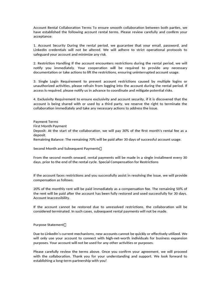 Account Rental Collaboration TermsTo Ensure Smooth | PDF