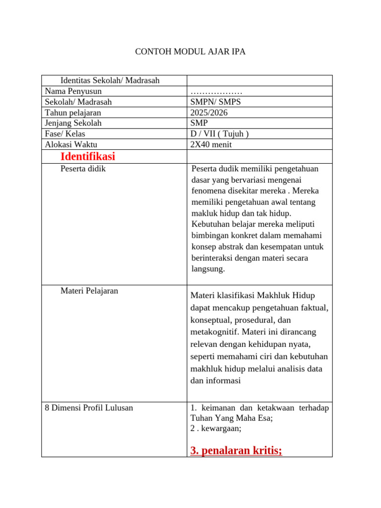 Modul Ajar IPA Klasifikasi Makhluk Hidup | PDF