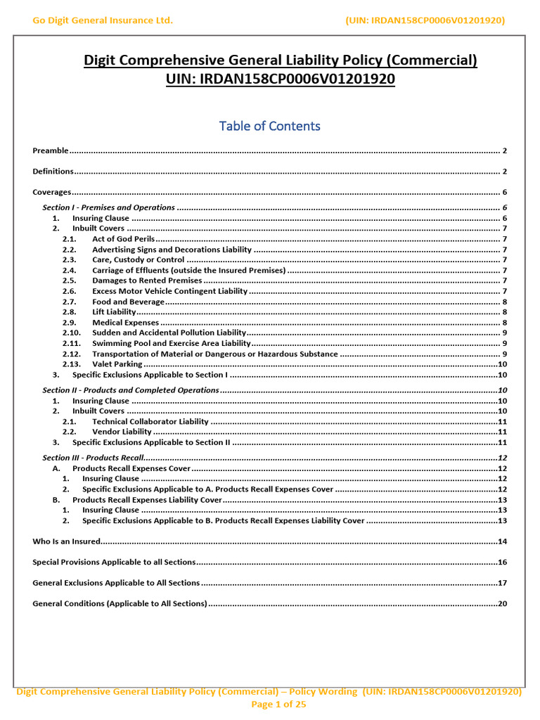 Product Recall - Commercial General Liability Wording | PDF | Liability ...