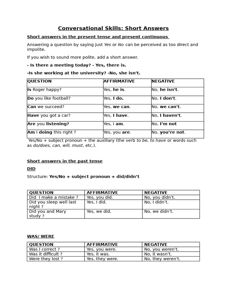 Polite Short Answers in English | PDF