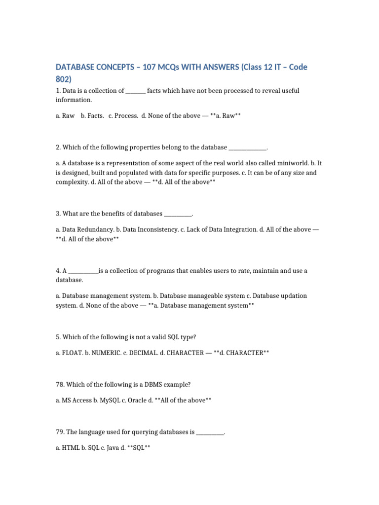 DBMS Class12 107 MCQs With Answers | PDF | Relational Database | Databases
