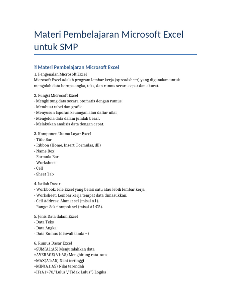 Materi Pembelajaran Excel SMP | PDF