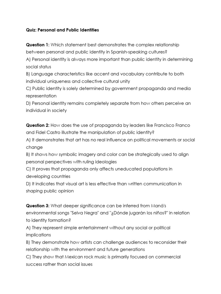 Quiz - Personal and Public Identities | PDF | Identity (Social Science ...