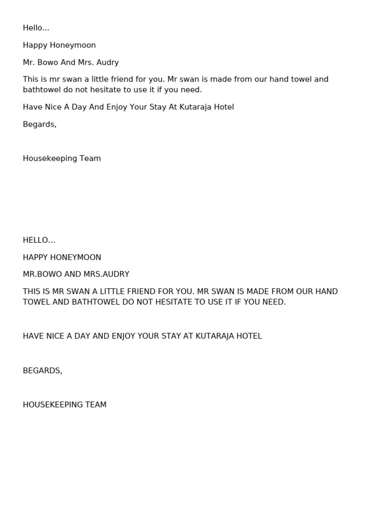 Honeymoon Welcome Note at Kutaraja Hotel | PDF