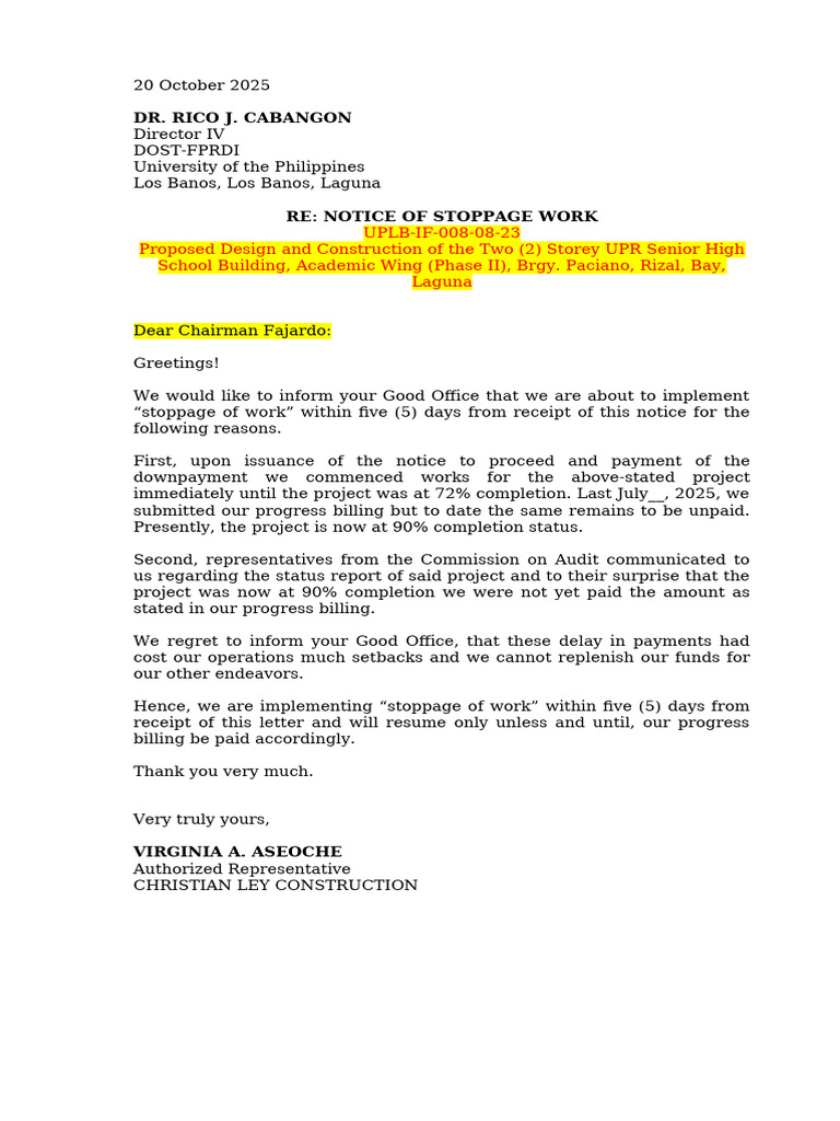 10 20 2025 Letter Notice of Stoppage of Work | PDF