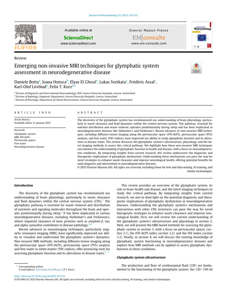 Emerging Non-Invasive MRI Techniques For Glymphatic System Assessment ...