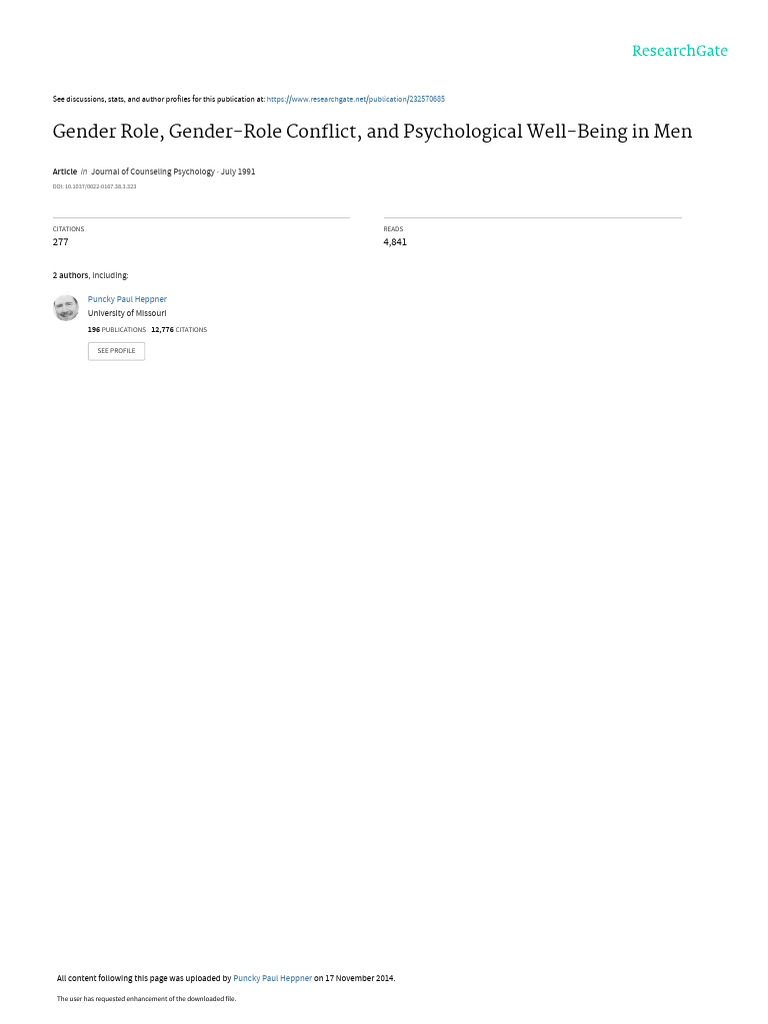 Gender Role Gender Role Conflict and Psychological Well Being in Men | PDF | Gender Role | Self ...