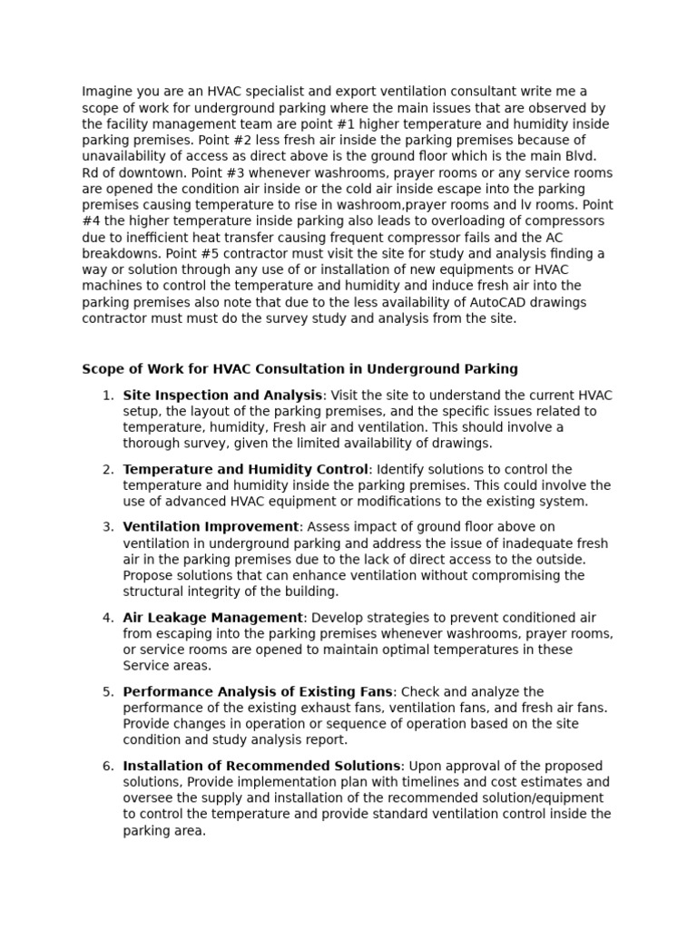 Scope of Work For HVAC Consultation in Underground Parking Site ...