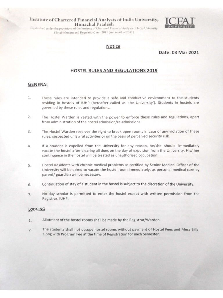 Hostel Rules and Regulations | PDF