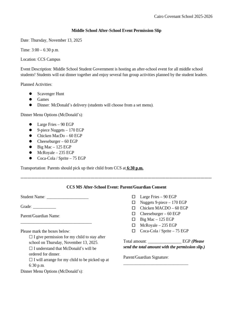 CCS Middle School Event Permission Slip | PDF | Mc Donald's | Food Industry
