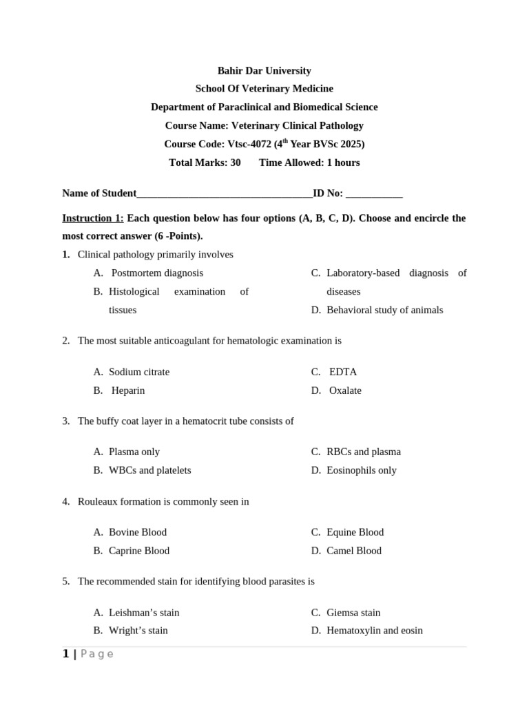 Mid Exam For 4th Year BVSC Students (30%) | PDF | Staining | Blood Plasma