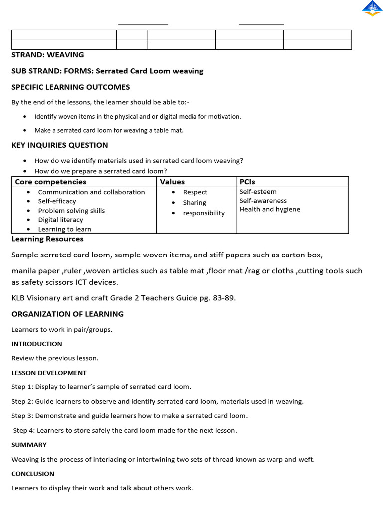 GRADE 2 Weaving Lesson Plans Art and Craft Word Format | PDF | Weaving ...