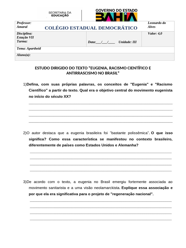 Estudo Dirigido Do Texto Racismo Cientifico e Eugenia No Brasil | PDF ...