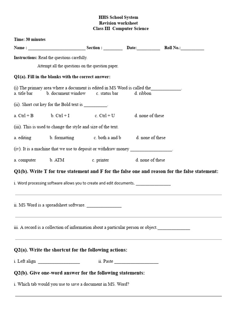 Revision Worksheet Class III | PDF | Microsoft Word | Computing