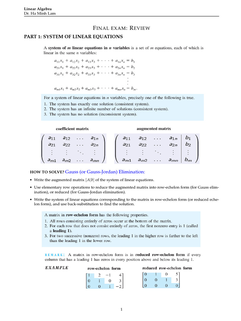 Final Exam Review Linear Algebra USTH | PDF | System Of Linear ...