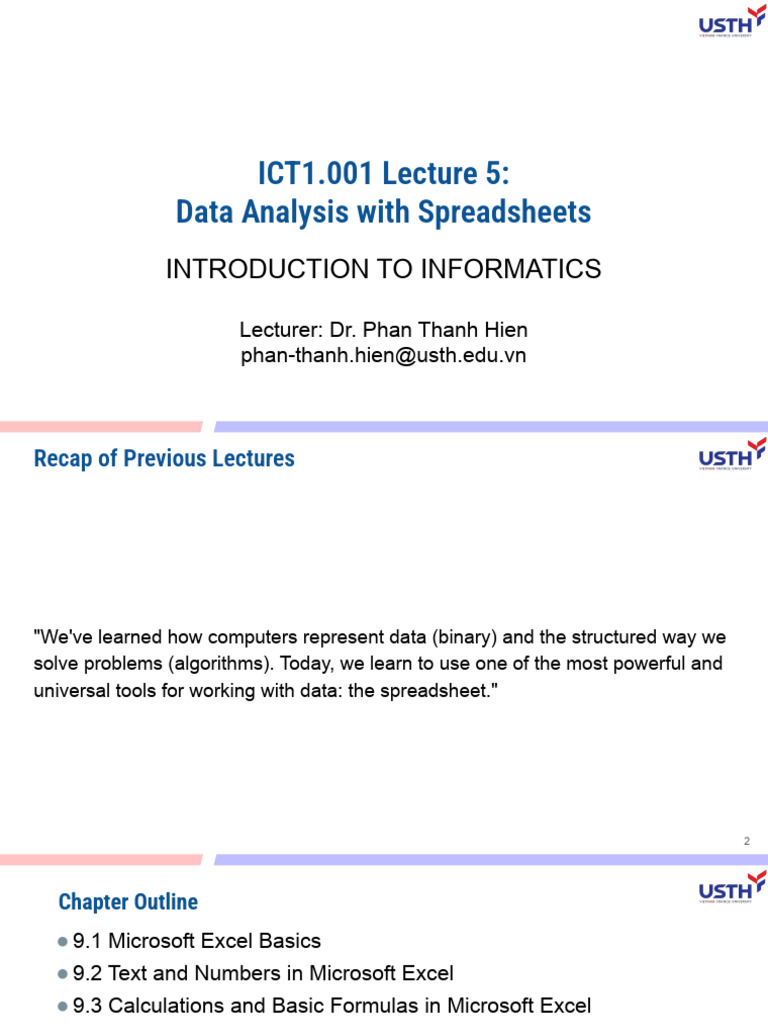ICT1.001 Lecture 5 - Data Analysis With Spreadsheets | PDF | Microsoft Excel | Spreadsheet