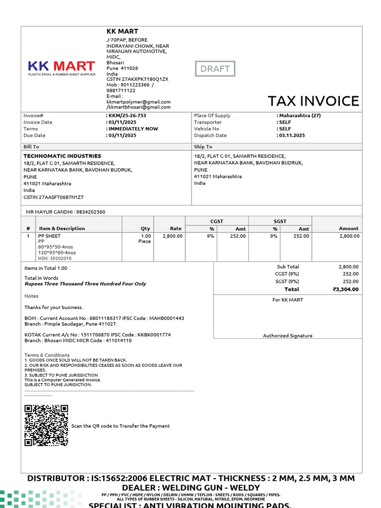 Electric Mat & Plastic Sheets Invoice | PDF | Plastic | Materials