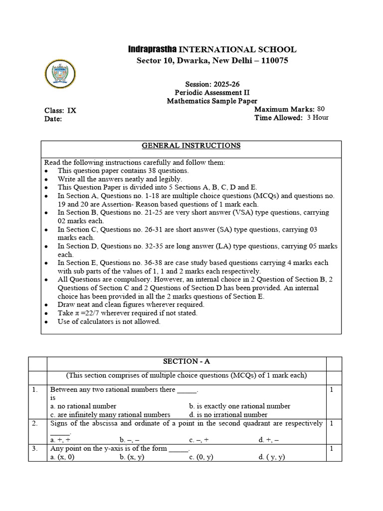 Class IX Mathematics Sample Paper 2025-26 | PDF | Triangle | Geometry