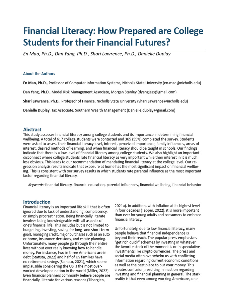 Financial Literacy How Prepared Are College | PDF | Financial Literacy ...