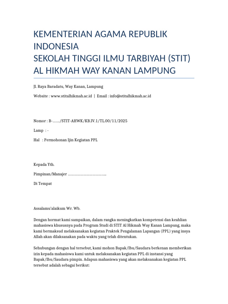 Surat Pengantar PPL STIT Al Hikmah Way Kanan | PDF