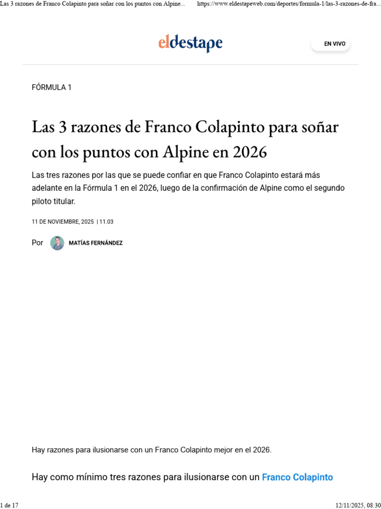 Colapinto f1 | PDF | Formula Uno | World World Racing Series