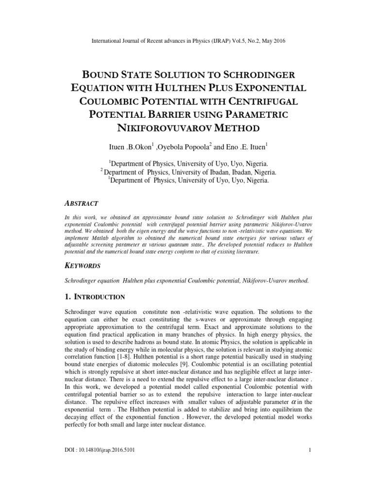 Bound State Solution To Schrodinger Equation With Hulthen Plus Exponential Coulombic Potential ...