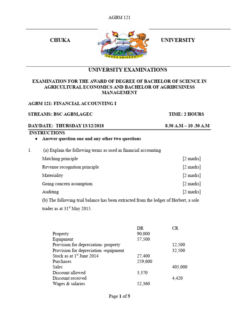 Financial Accounting Exam AGBM 121 | PDF | Debits And Credits ...