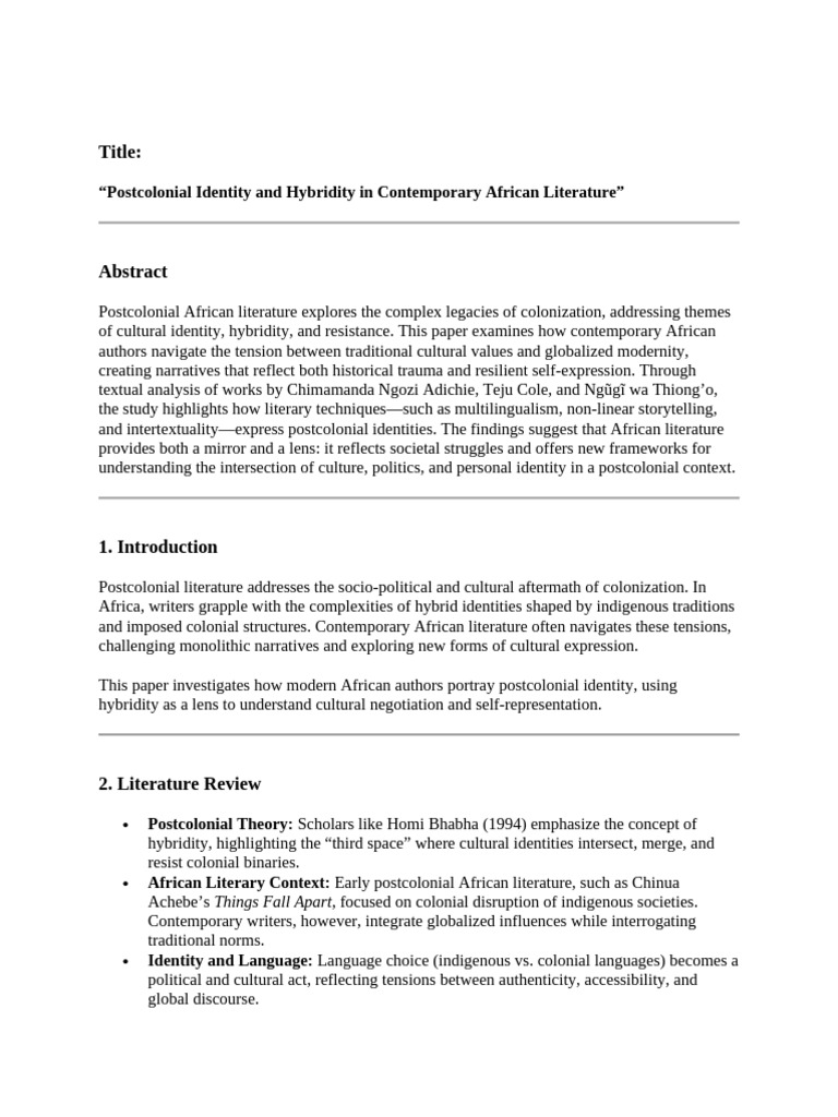 Postcolonial Identity and Hybridity in Contemporary African Literature ...