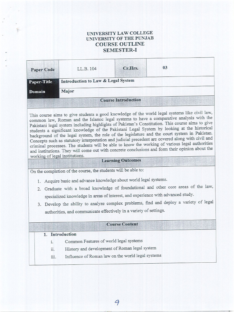 Intro To Law - PU 4 Years LLB Syllabus | PDF
