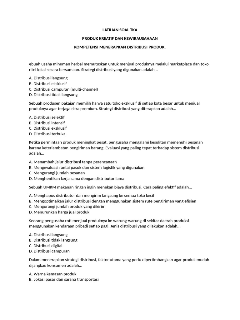 LATIHAN SOAL TKA Menerapkan Distribusi Produk. | PDF