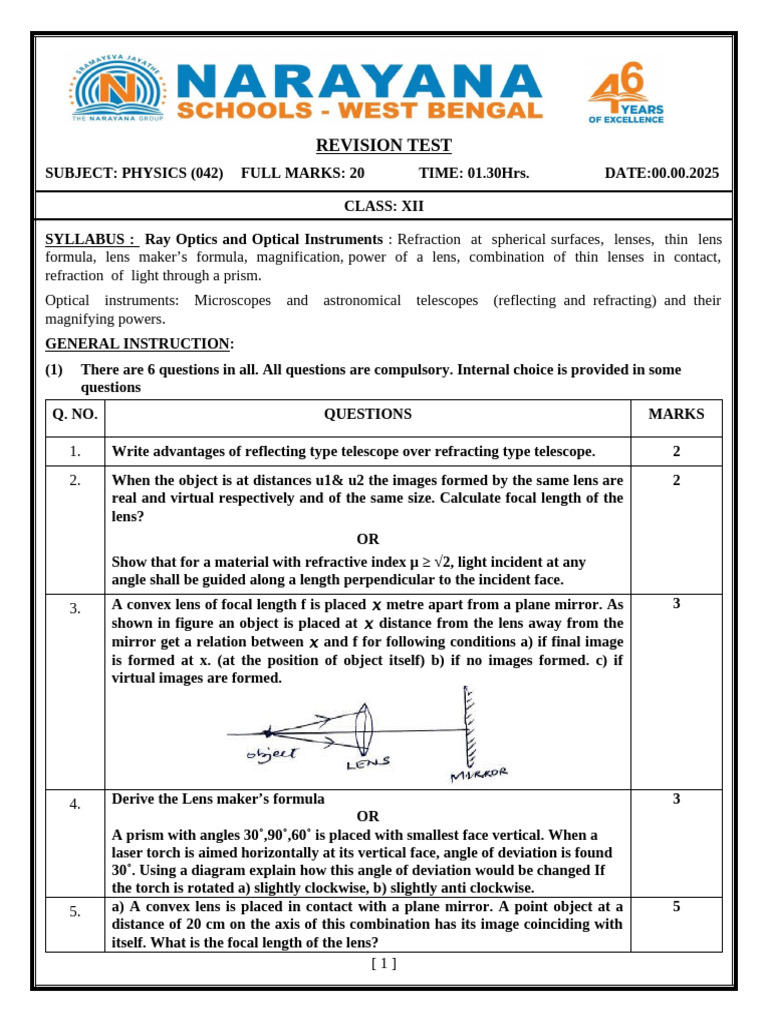 Physics Revision Test: Ray Optics | PDF | Optics | Light