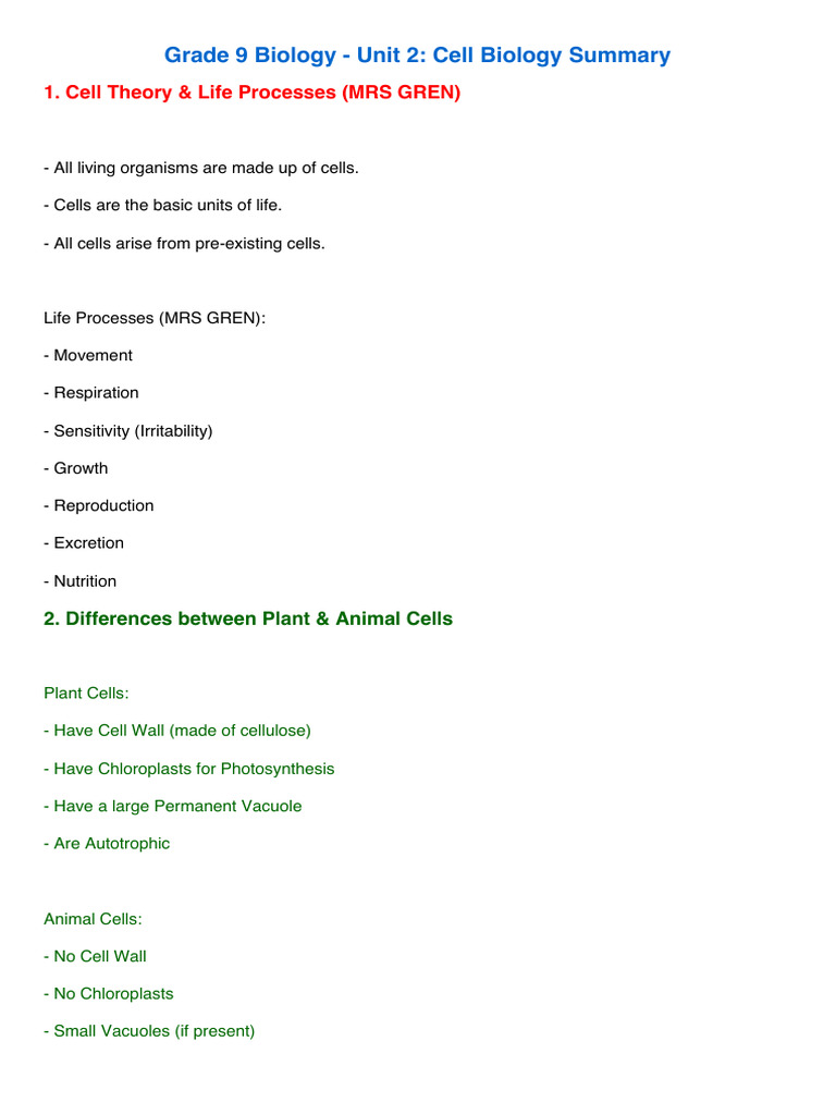 Grade 9 Cell Biology Overview | PDF