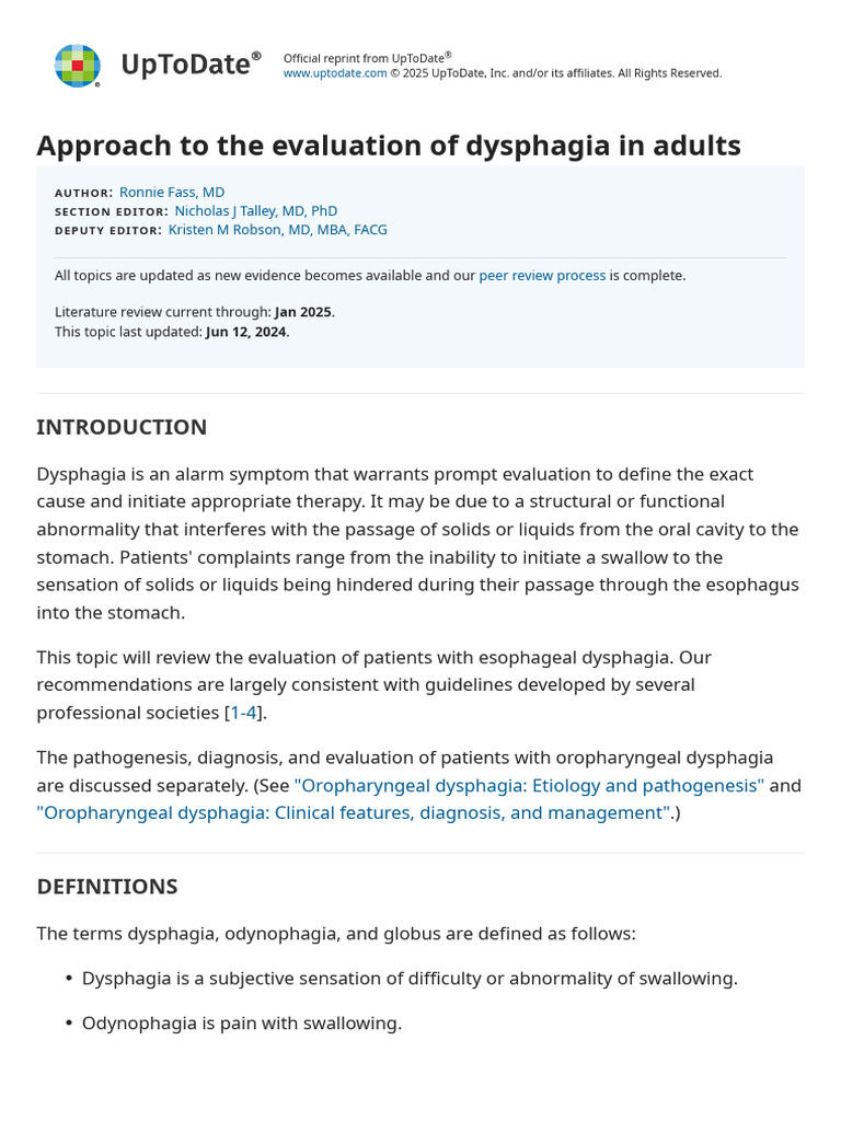 Approach To The Evaluation of Dysphagia in Adults - UpToDate - Cleaned ...