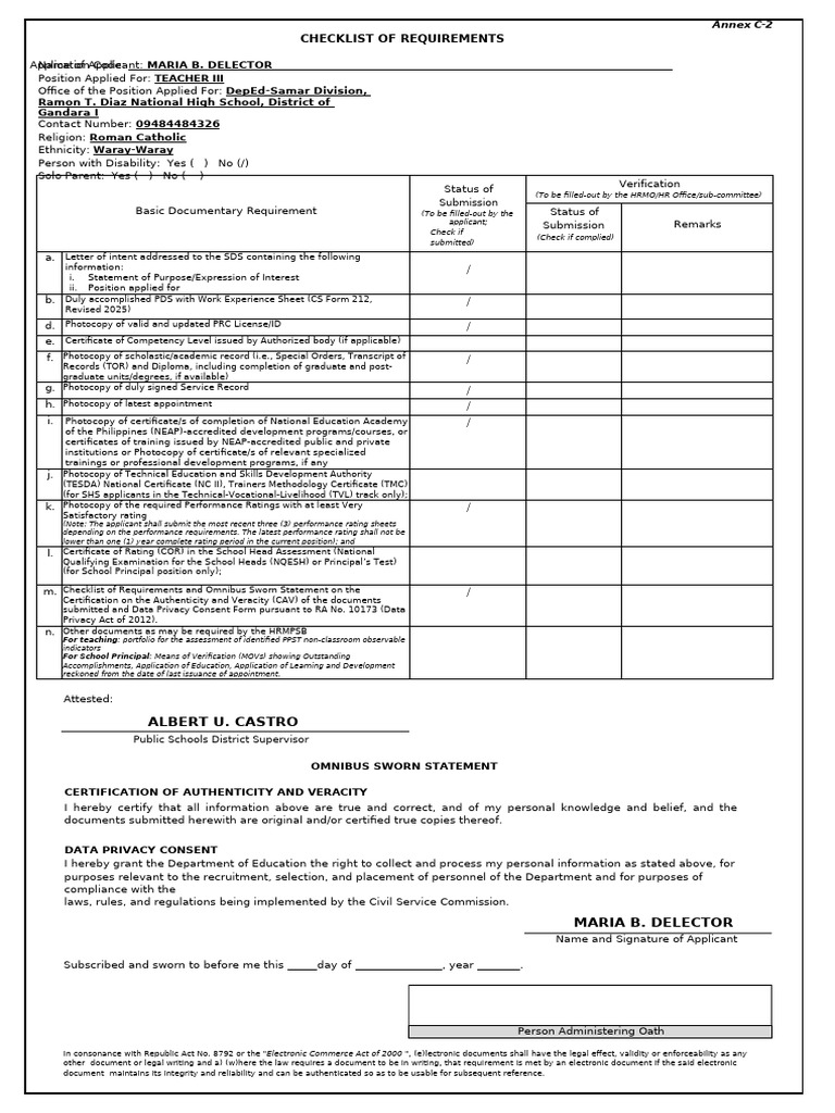 Teacher III Application Requirements Checklist | PDF