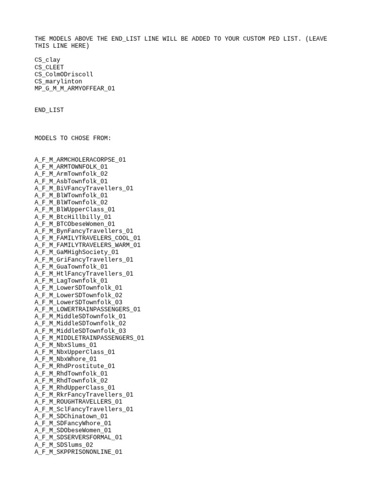 Custom Ped List Models Guide | PDF