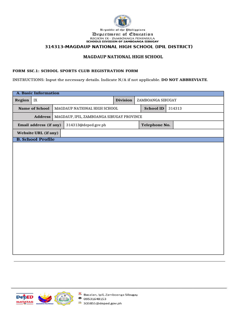 MAGDAUP NHS Form Ssc1 School Sports Club Registration Form | PDF
