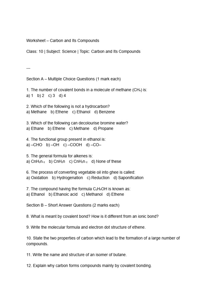 Carbon Compounds Worksheet for Class 10 | PDF | Alkene | Chemical Bond