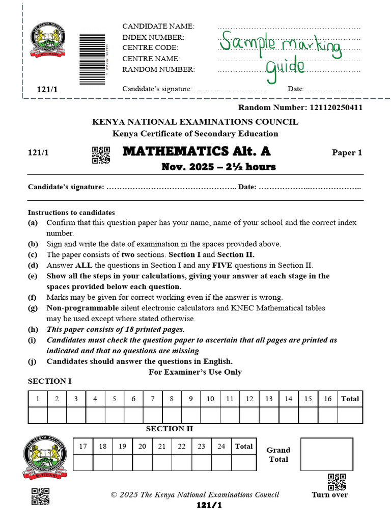 KCSE 2025 Maths Paper 1 Marking Scheme | PDF | Area | Circle