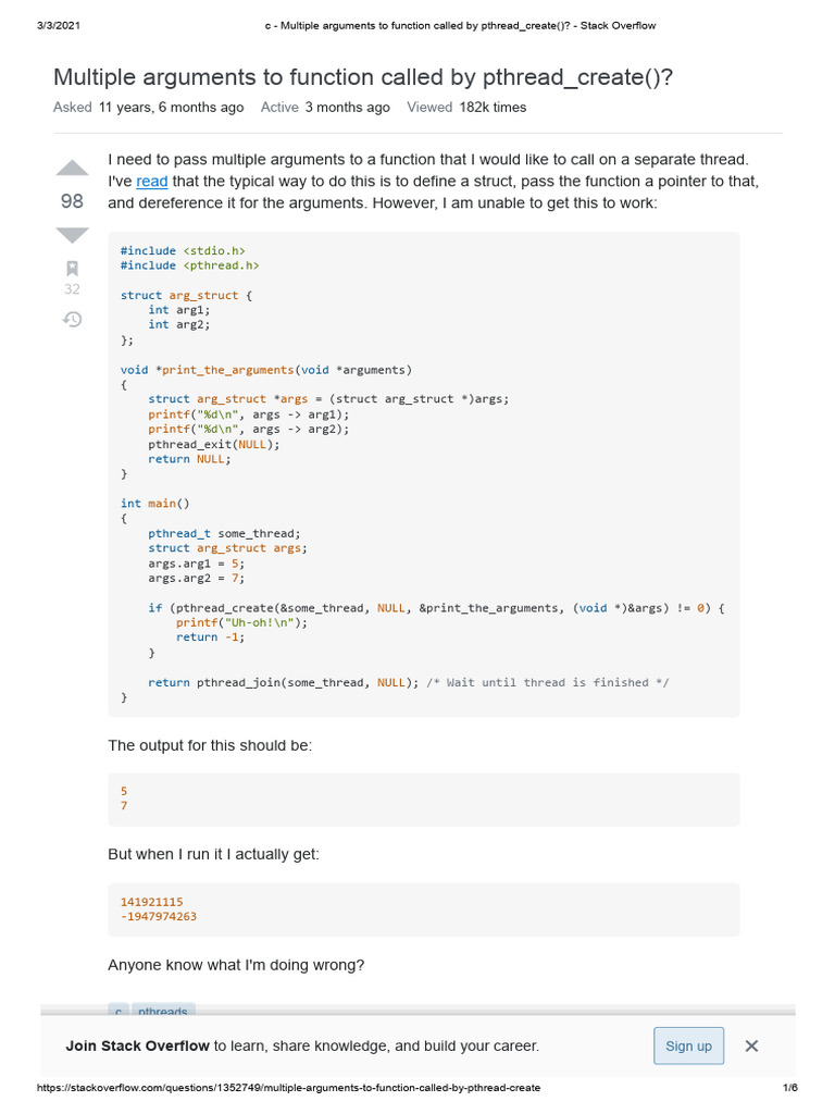 Multiple Arguments To Function Called by Pthread - Create | PDF ...
