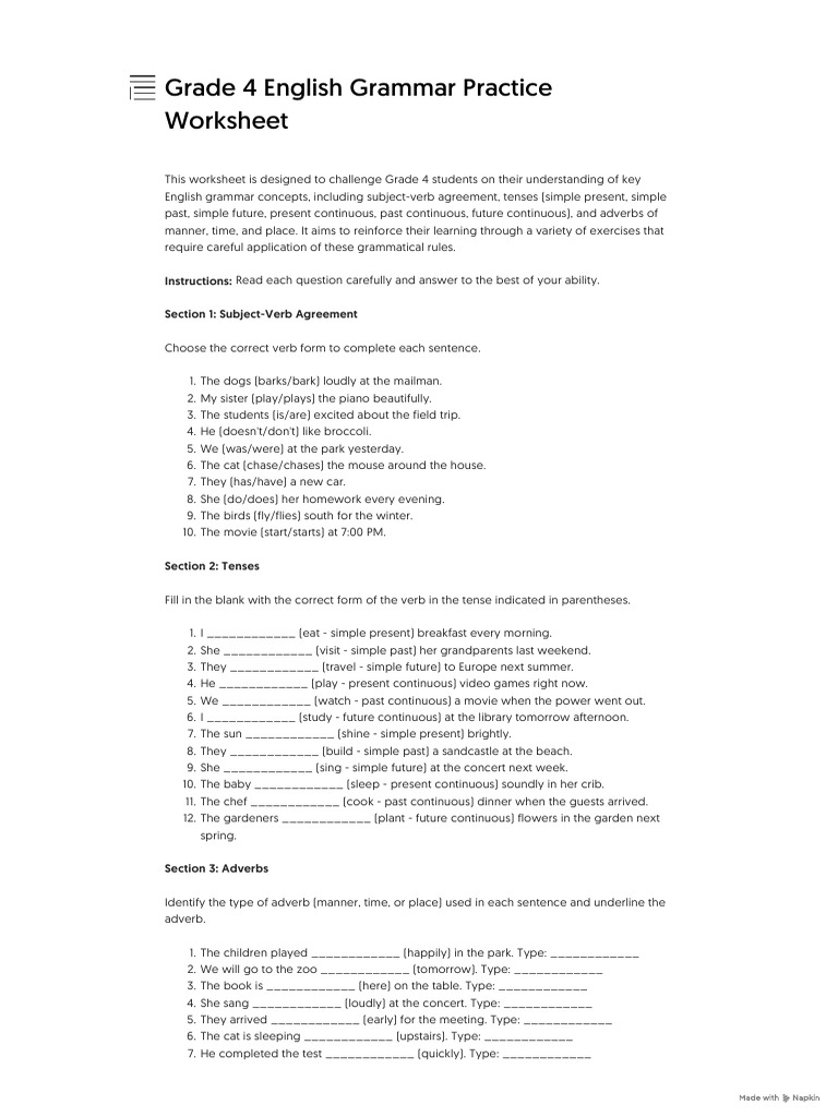 Grade 4 Grammar Practice Worksheet | PDF | English Grammar | Verb
