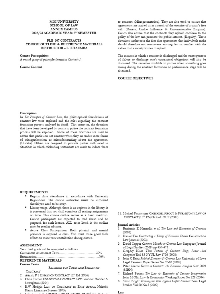 Advanced Contract Law Course Outline | PDF | Legal Remedy ...